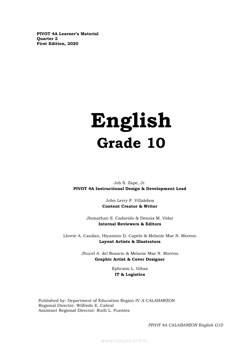 English 10 Second Quarter Module PIVOT Grade 10 Modules English 10 Second Quarter Module PIVOT Grade 10 Modules