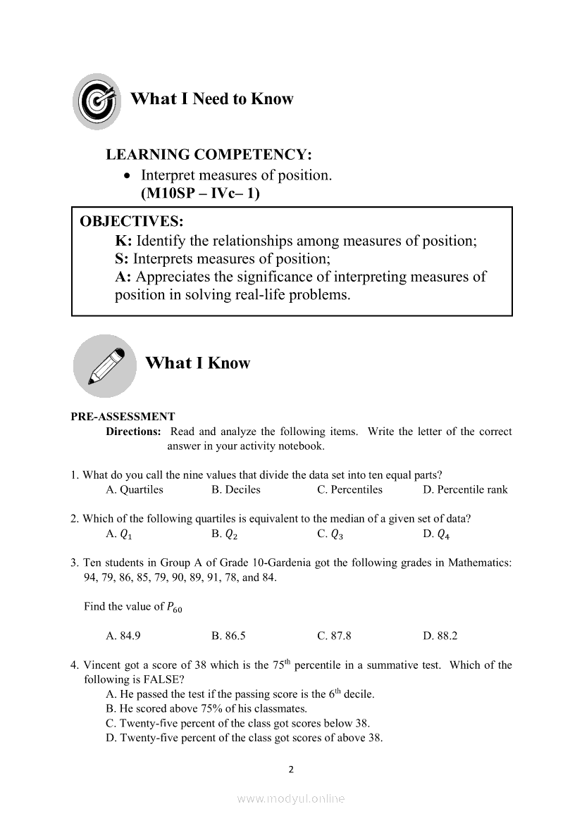 MATHEMATICS Quarter 4 Module 3 Interpreting Measures Of Position MATHEMATICS Quarter 4 Module 3 Interpreting Measures Of Position